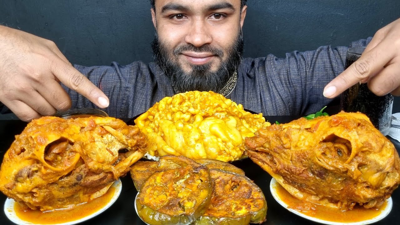 Eating Full Spicy 2 Goat Head, Fatty Oil Curry, Green Chilli, Brinjal ...