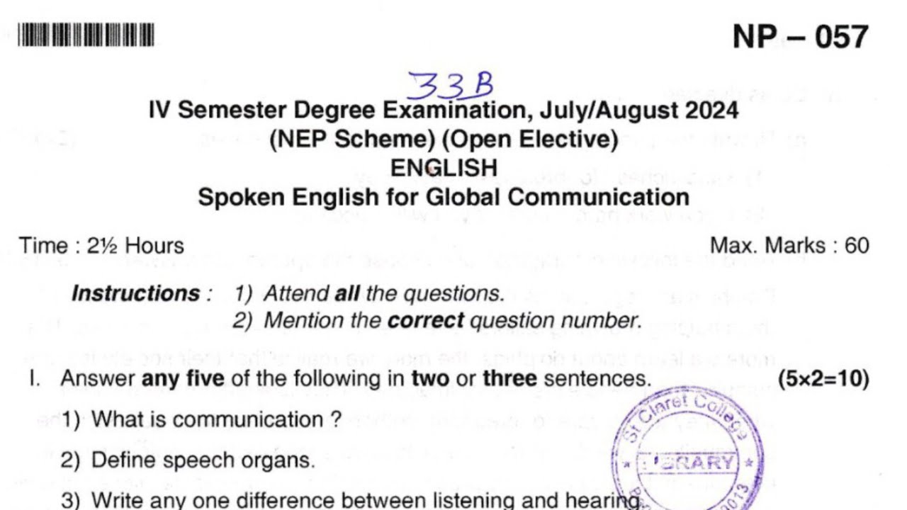 B.Com 4th Semester Language English Question paper 2024-25 Spoken ...