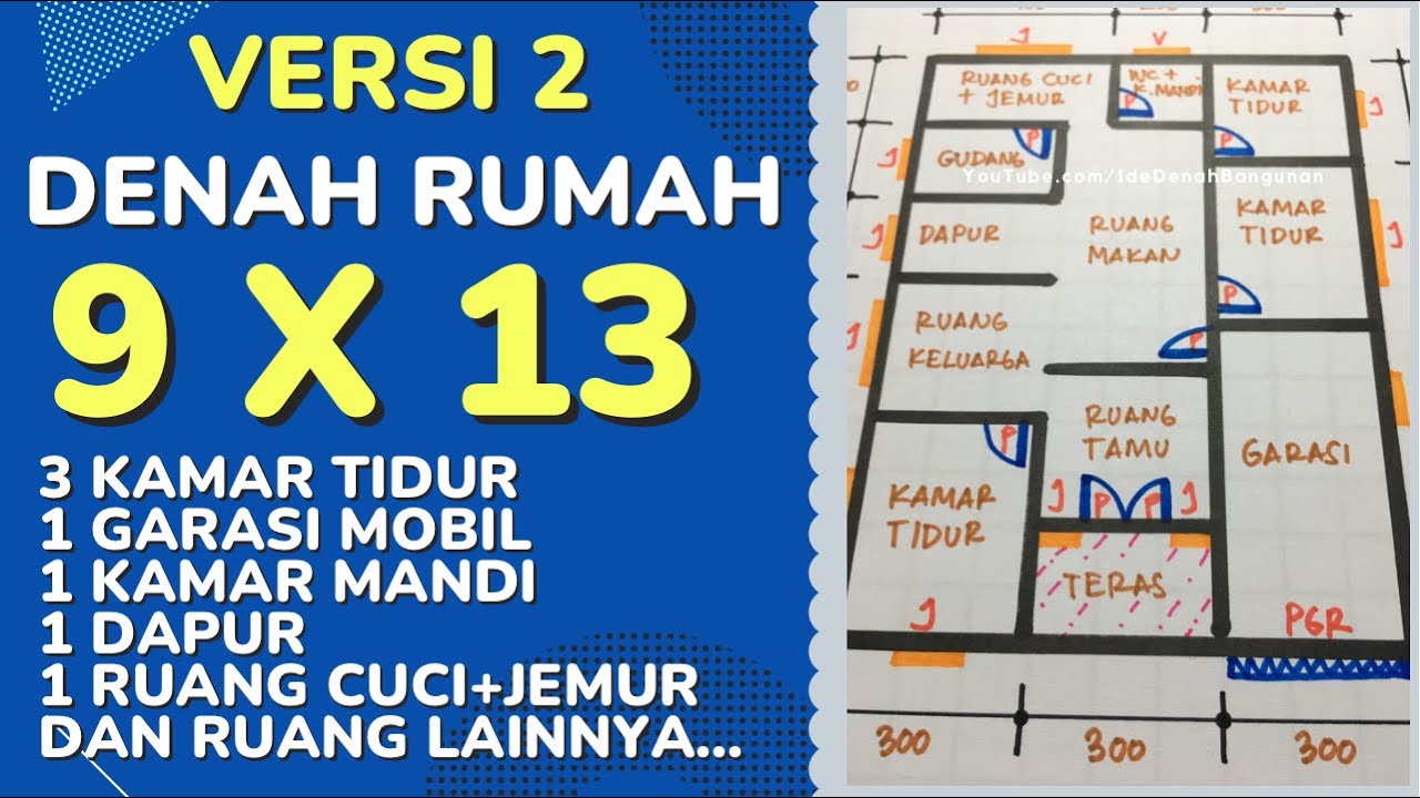 Denah Rumah Minimalis 3 Kamar Tidur Ukuran 9X13 Ada Garasi Mobil Dan ...