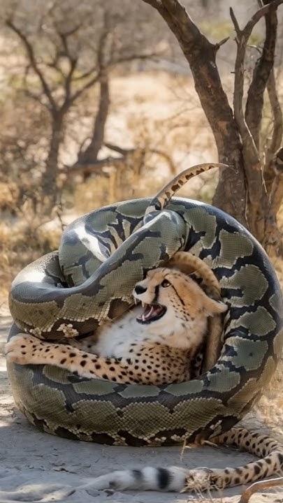 Cheetah is trying to escape from the large python wrapped around it ...