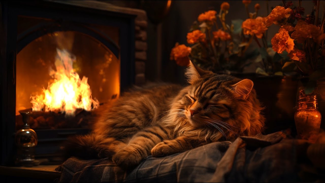 Deep Sleep to Cozy Night Room With Purring Cat and Dog Crackling ...