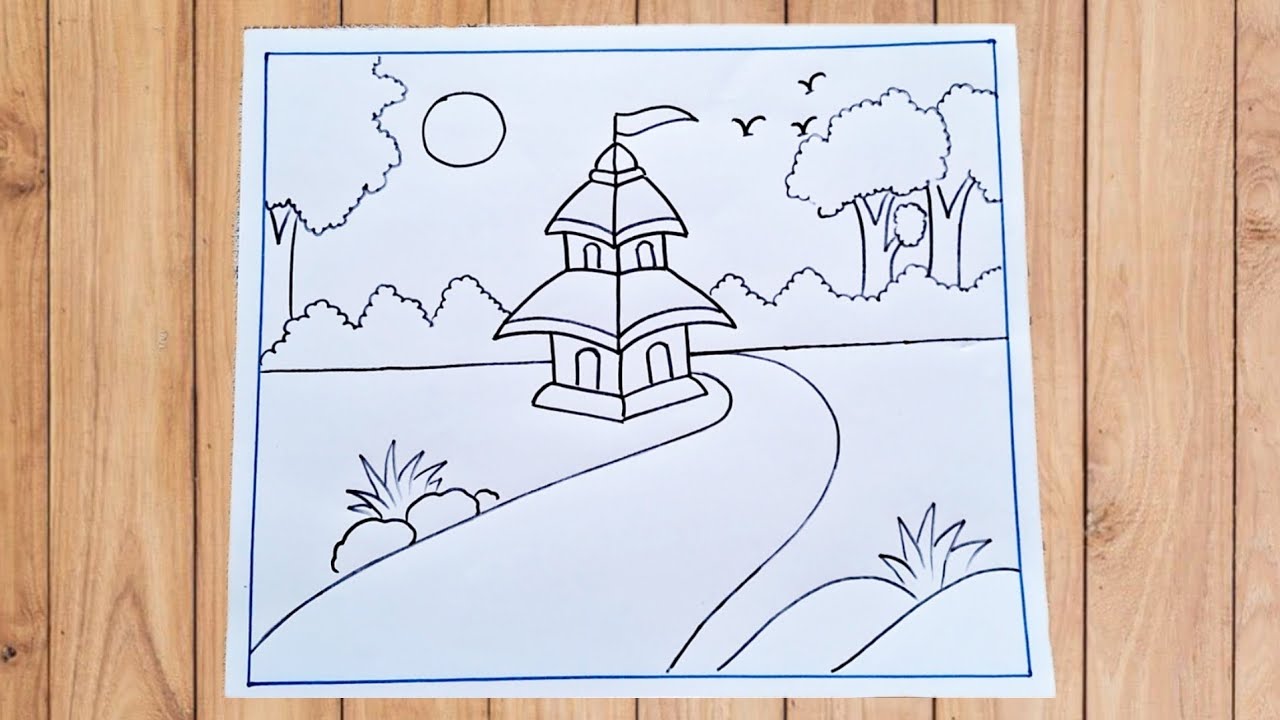 How To Draw Temple Scenery Easily / Step by Step Temple Drawing - YouTube