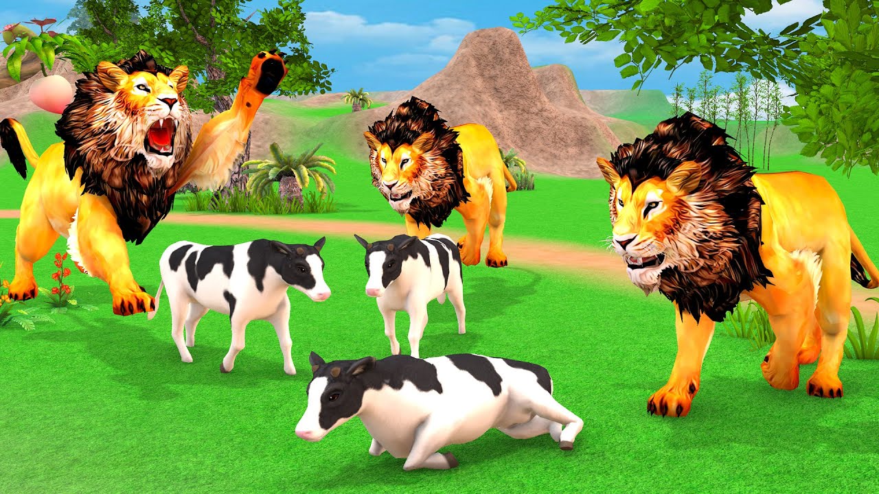 Cows vs Lion | Cartoon Cow Sad Story | The Wise Cow - The Battle ...