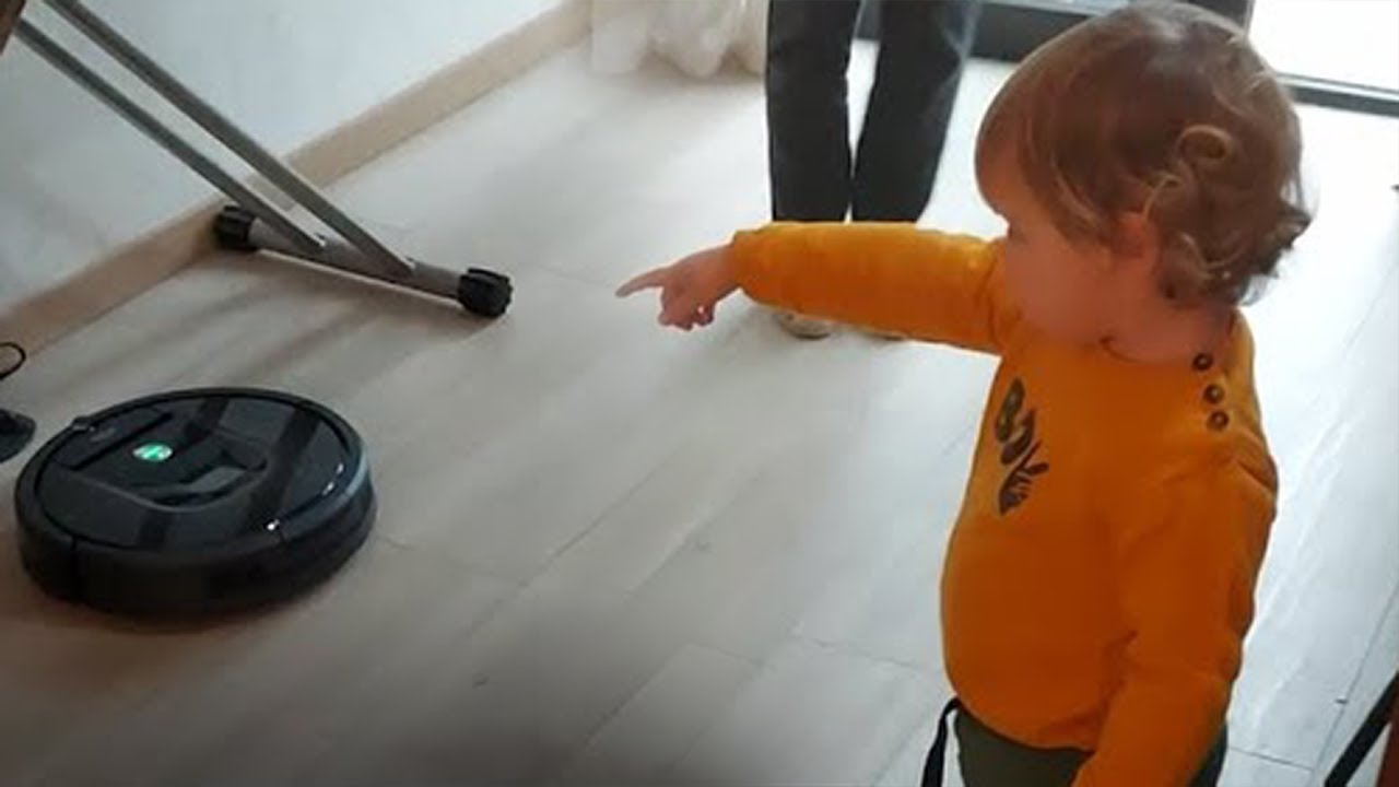 Curious Cute Baby Scared by Roomba Vacuum Cleaner - funny baby videos ...