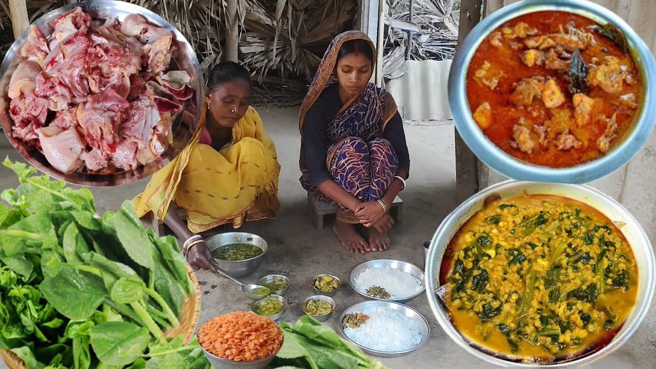 DAL PUI SHAK Recipe And CHICKEN MEAT CURRY cooking &eating by tribe ...