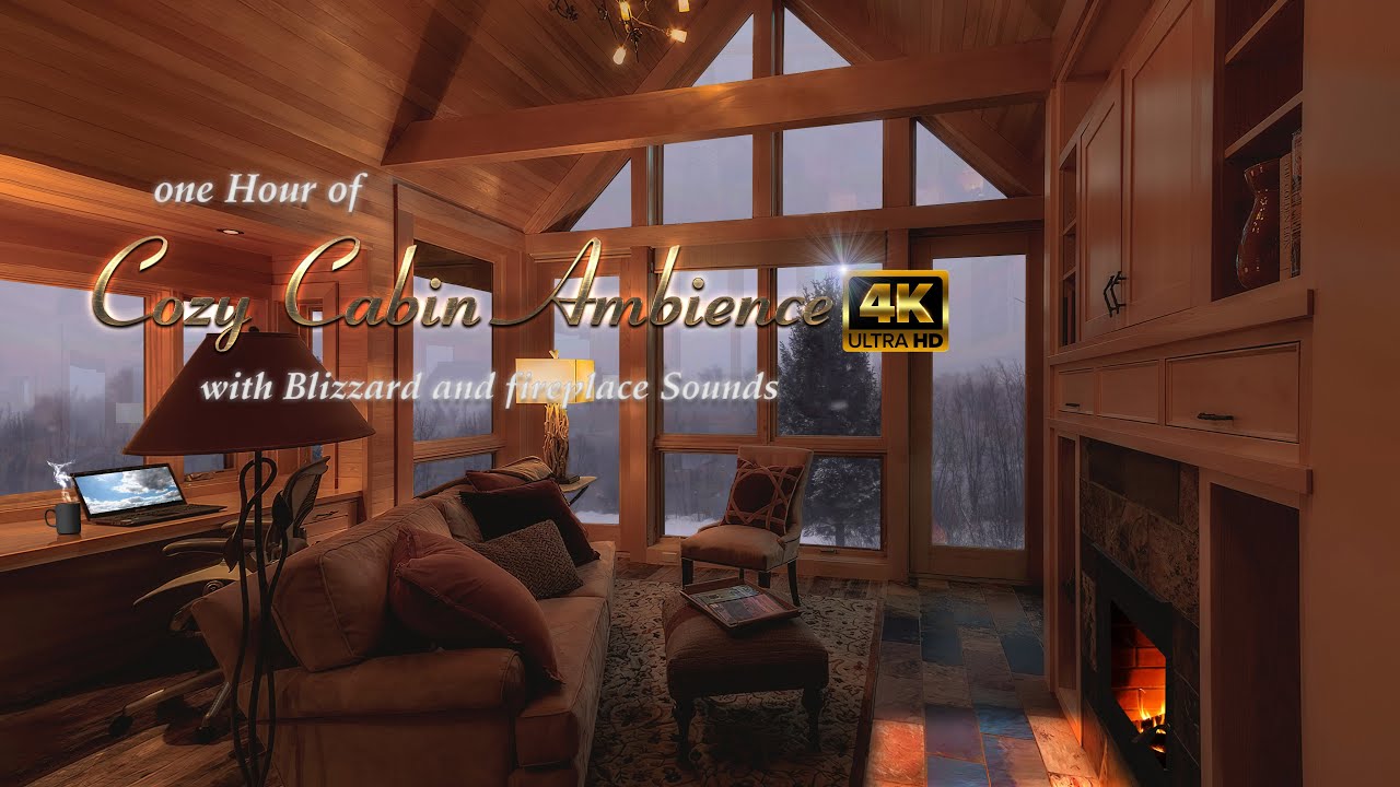 Cozy Cabin Ambience 4k | treehouse living room with a blizzard and ...