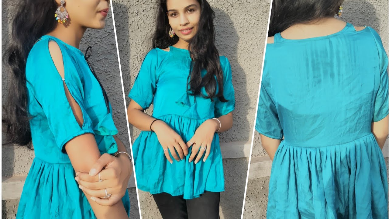 Beautiful designing blue short frock!! cutting and stiching - YouTube