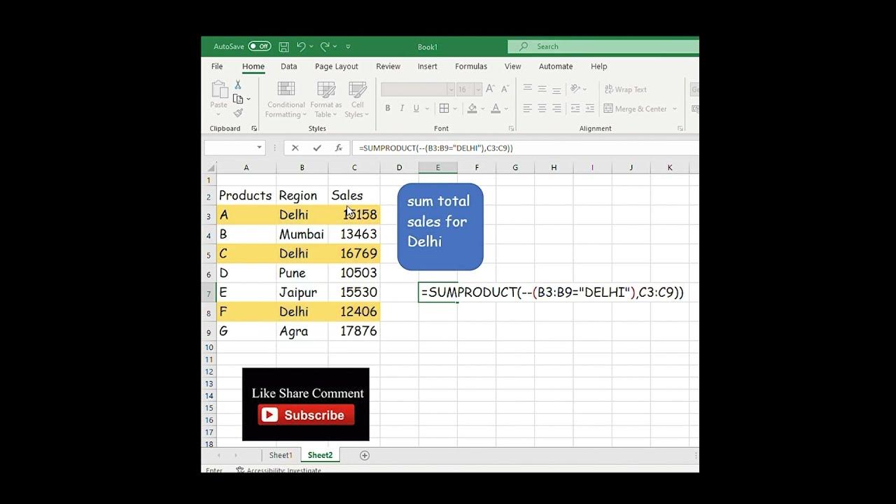 Sumproduct For Conditional Sums Youtube