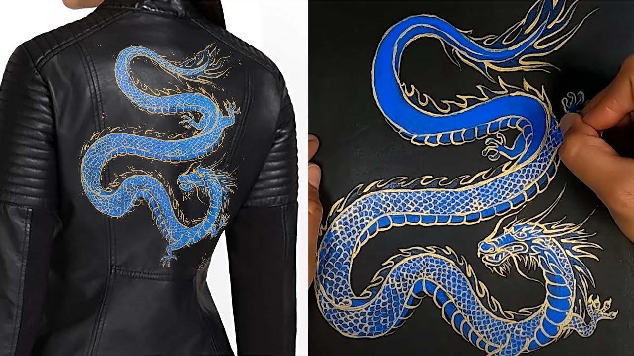 Blue Dragon Hand-painted on Vegan Leather Jacket Concept | Time-lapse ...