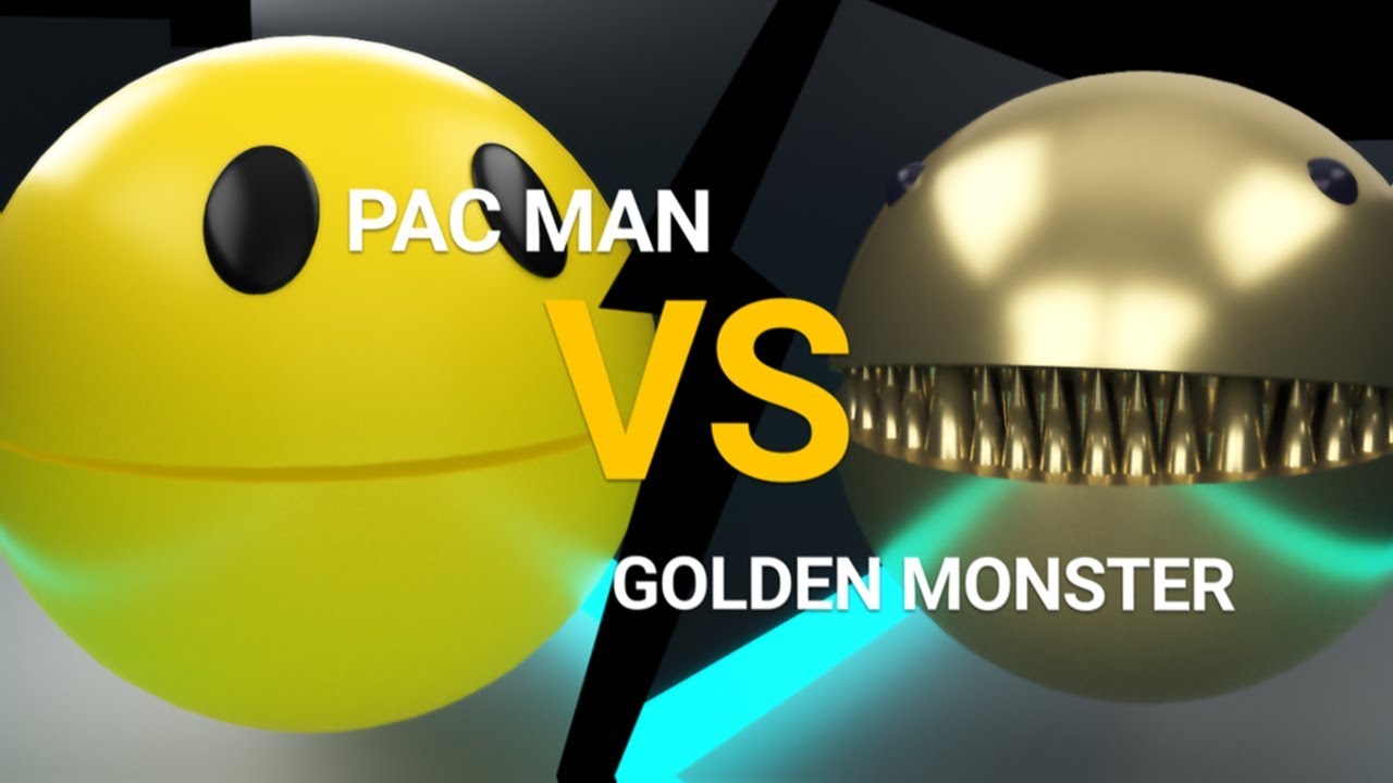 Pacman Vs Gold Monster Pacman as he chomps & Fruit on Tree and rolls ...