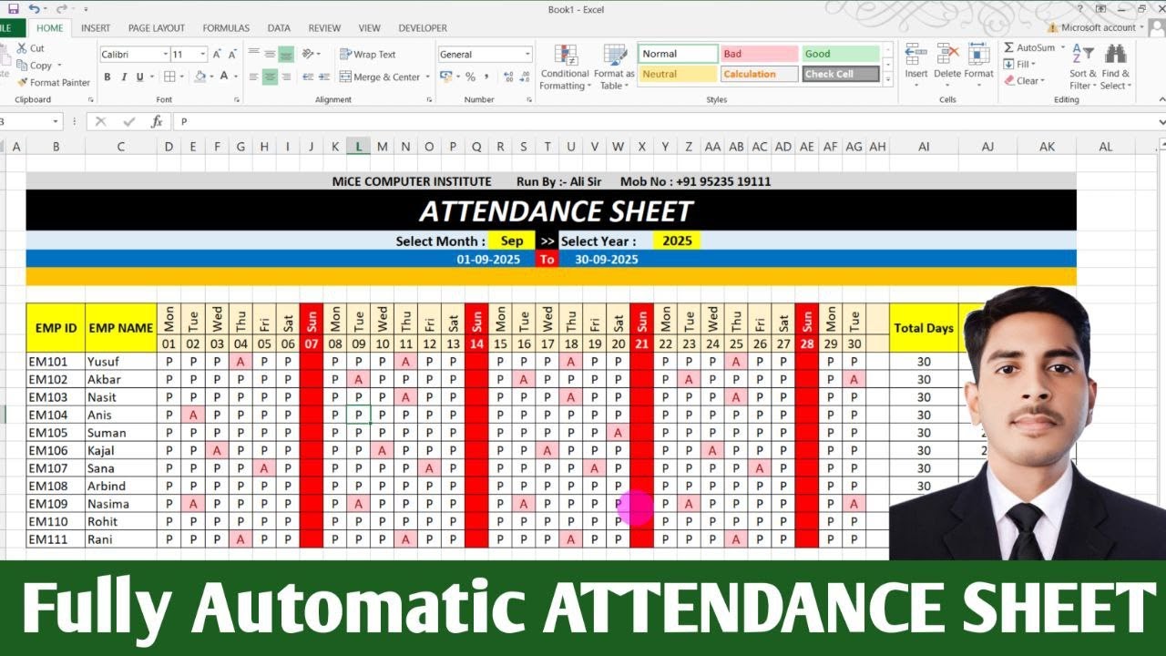 🔥New ! Fully Automated Attendance Sheet || Excel me Attendance Sheet By ...
