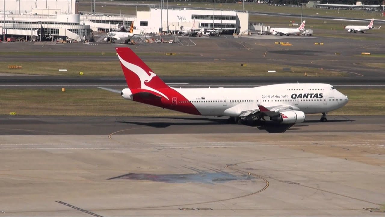 Qantas Airlines B747 startup, taxi, takeoff from 34L Sydney Airport ...