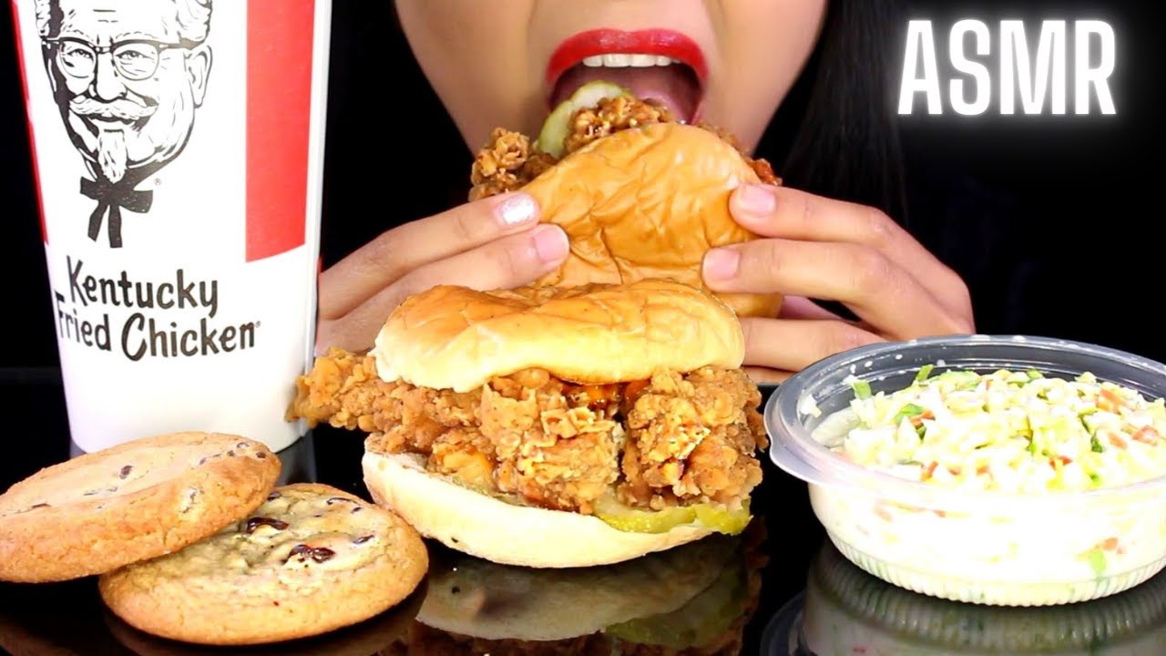 ASMR New KFC SPICY CHICKEN SANDWICH, COOKIES and COLESLAW Eating Sounds ...