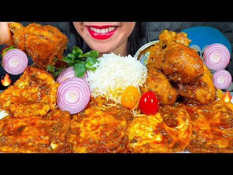 ASMR SPICY CHICKEN CURRY, FRIED EGG MASALA CURRY, BASMATI RICE MUKBANG MASSIVE Eating Sounds