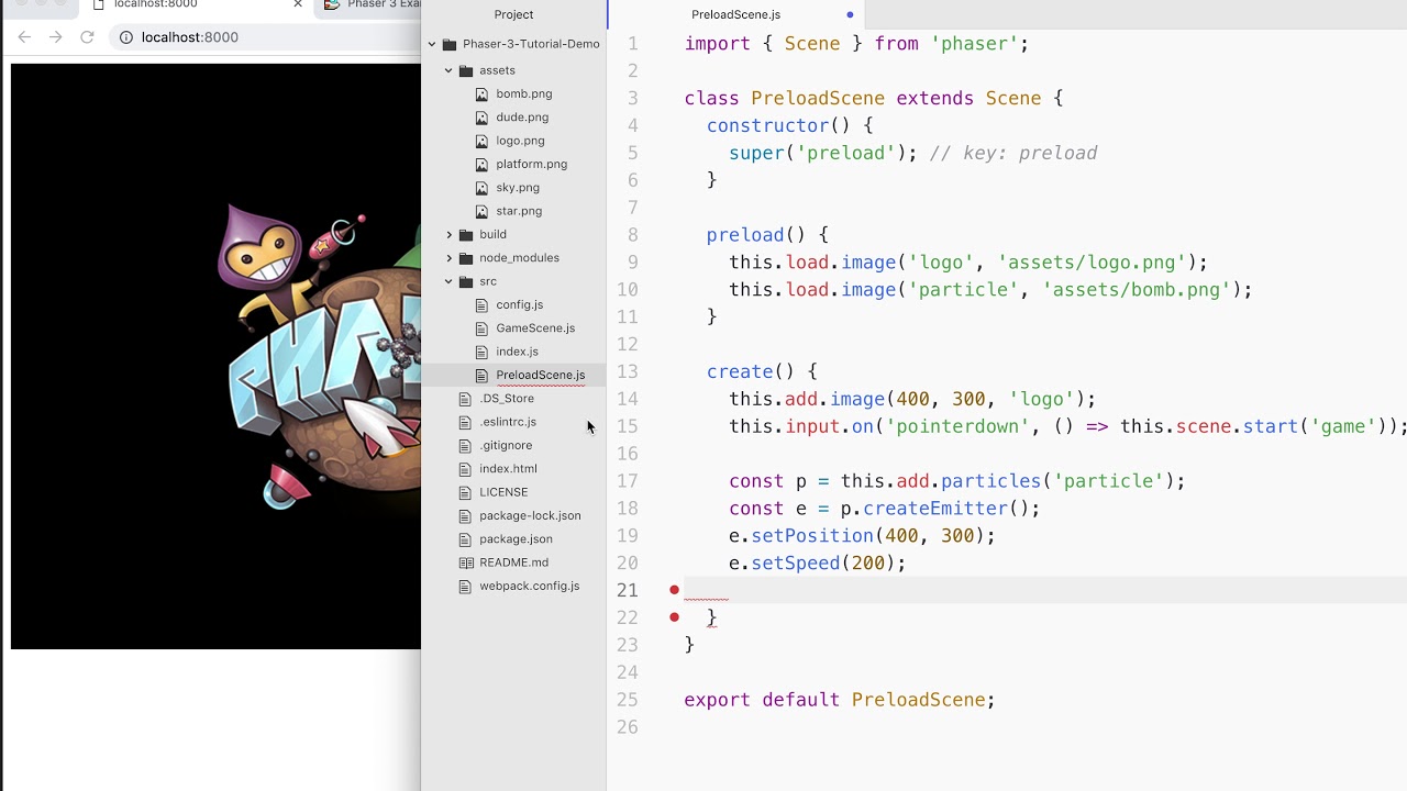 21 Phaser 3 tutorial particle emitter - YouTube