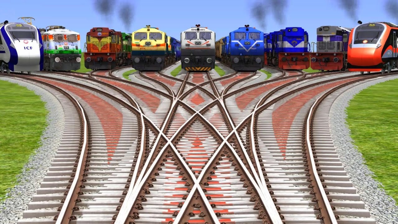 IX TRAINS CROSSING AT CURVED 🔎BRANCHED RAILROAD TRACKS BUMPY RAILROAD ...