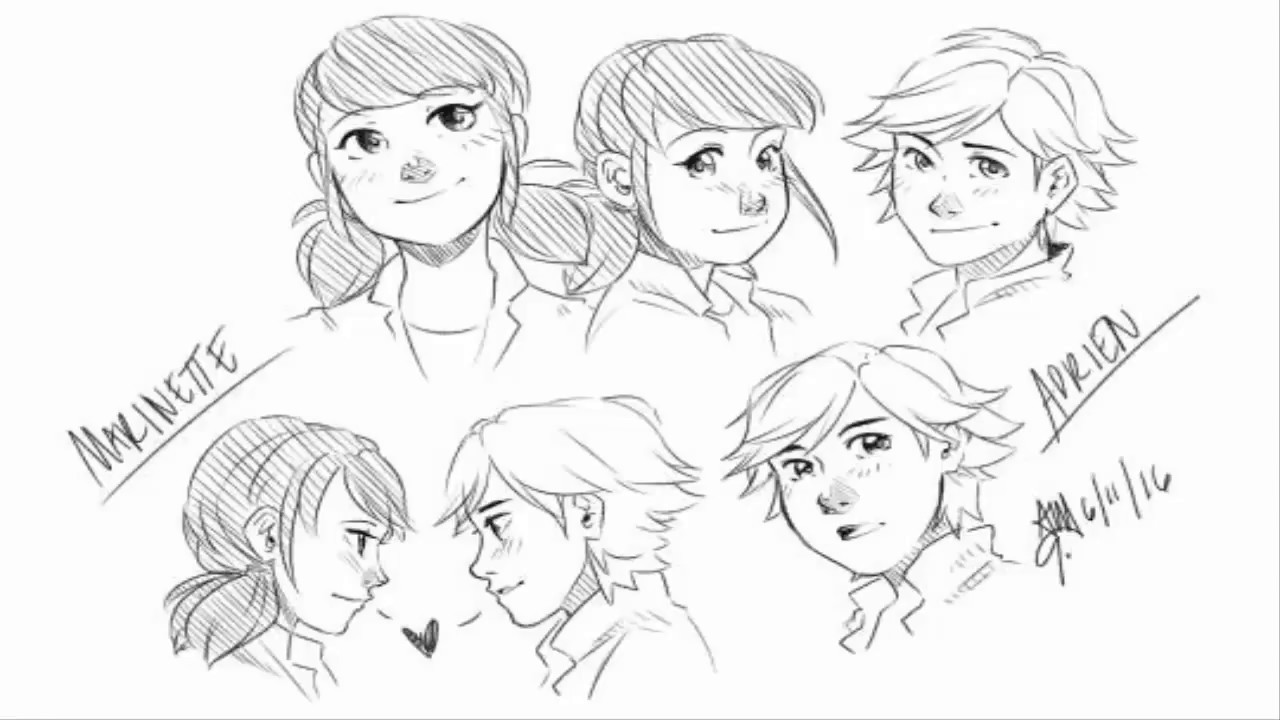 Miraculous Ladybug Drawings "Adrien And Marinette Positions" - YouTube