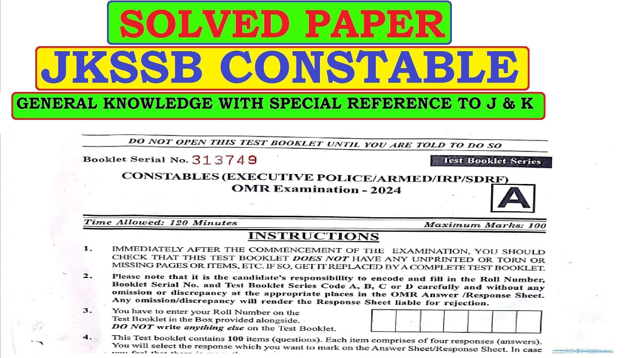 TODAY'S SOLVED PAPER OF JKSSB CONSTABLE 2024 SECTION 03 GENERAL ...