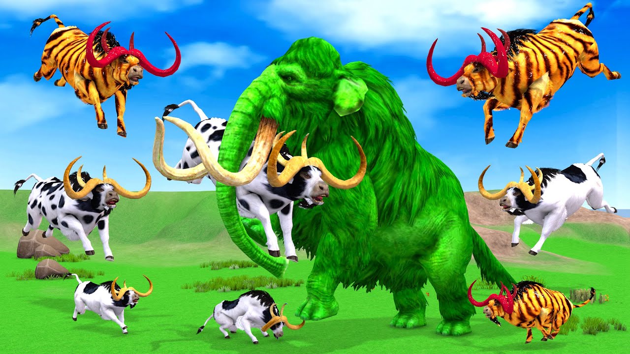 Cow Cartoon , Giant Tiger Bulls vs Zombie Mammoth Elephant Animal Fight ...