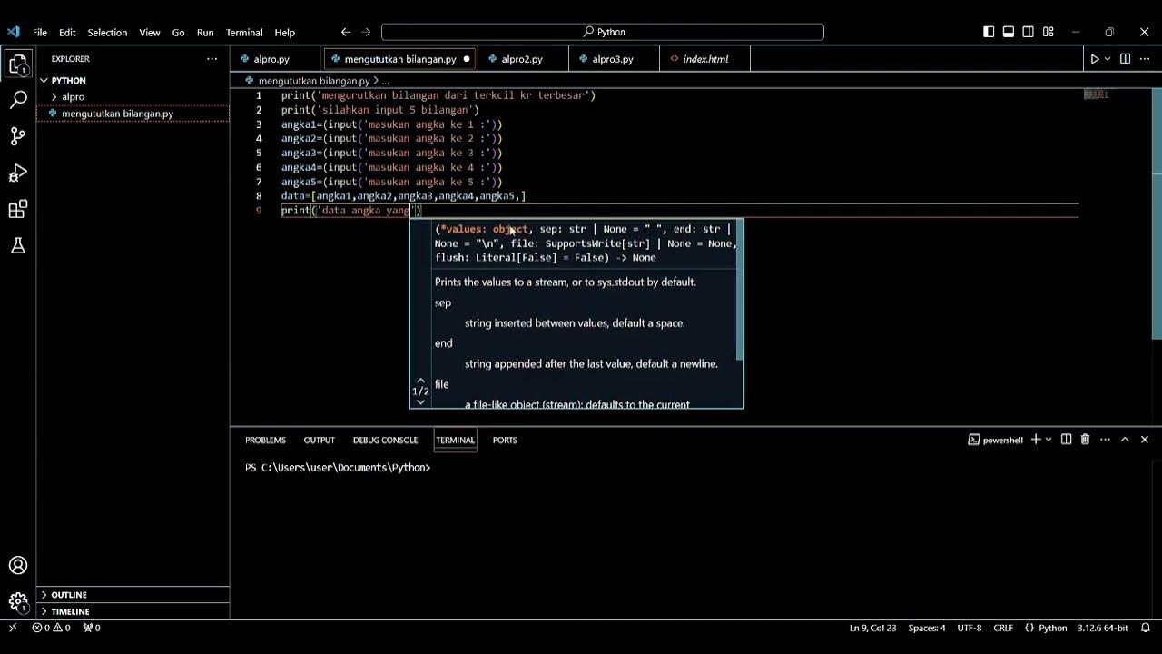Tugas Algoritma pemrograman UNTIRTA cara mengurutkan angka menggunakan pyton - YouTube