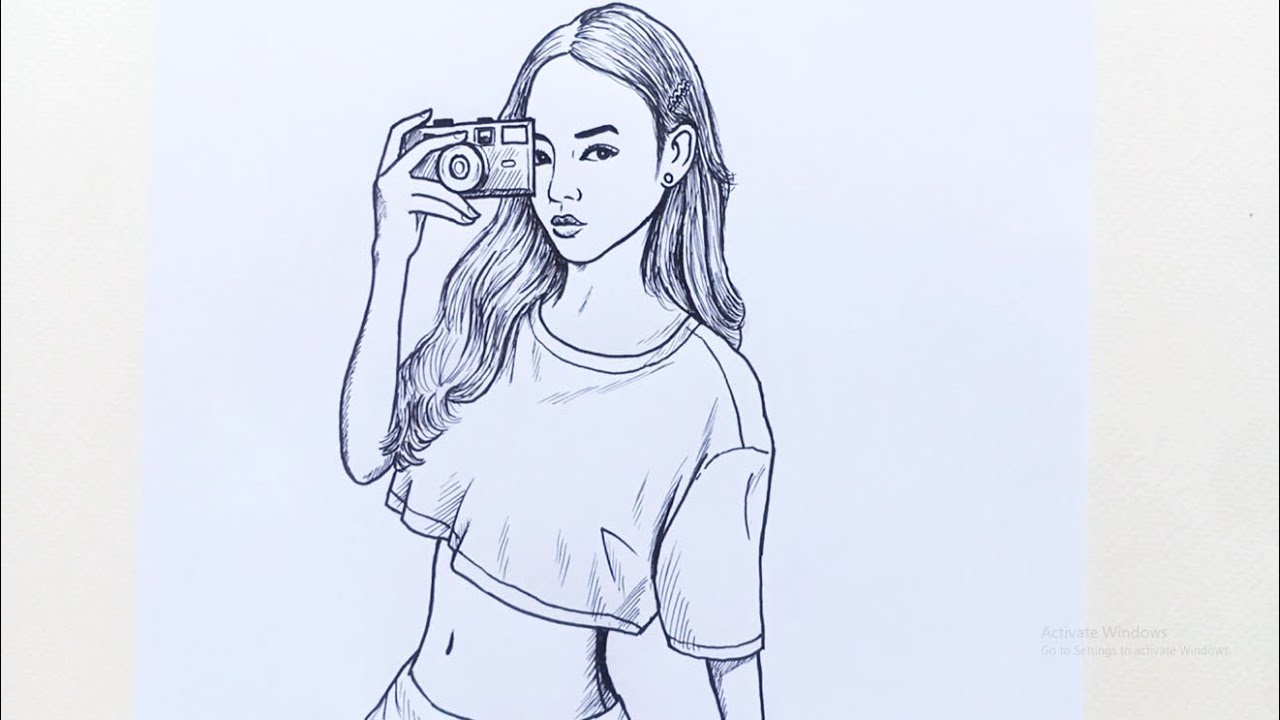 How to draw a cute Girl with Camera. Draw by pen tutorial. - YouTube