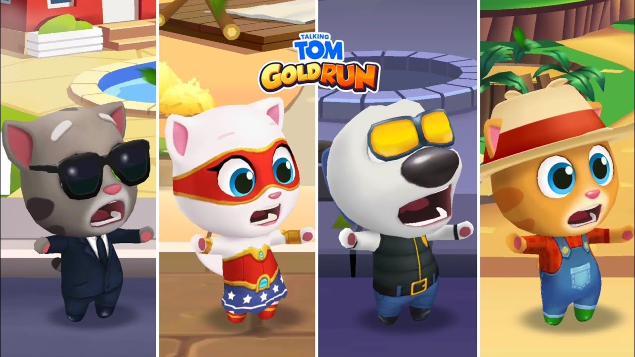 Talking Tom Gold Run Agent Tom vs Super Angela vs Deputy Hank vs Farmer ...