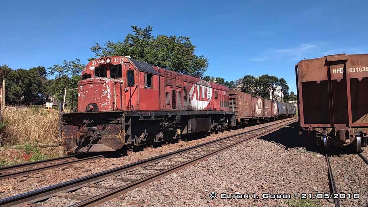 Locomotiva U20C ALL com 5 vagões e trem com dupla de ES43BBi no Posto ...