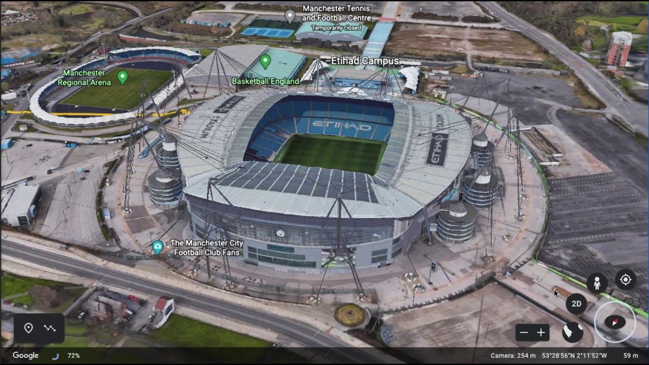 Old Trafford Stadium to Etihad Stadium - Google Earth - YouTube