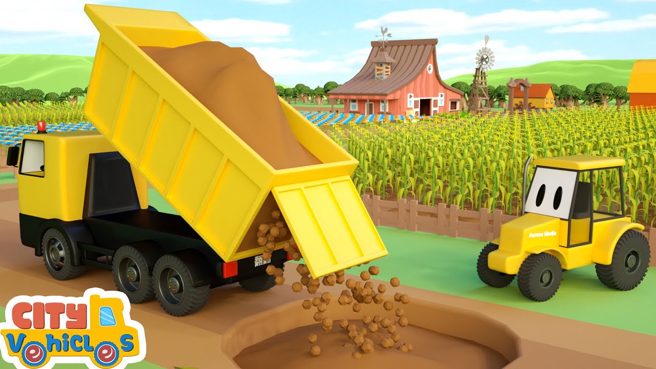 Construction vehicles build a henhouse for chicken-Loader, cement truck ...