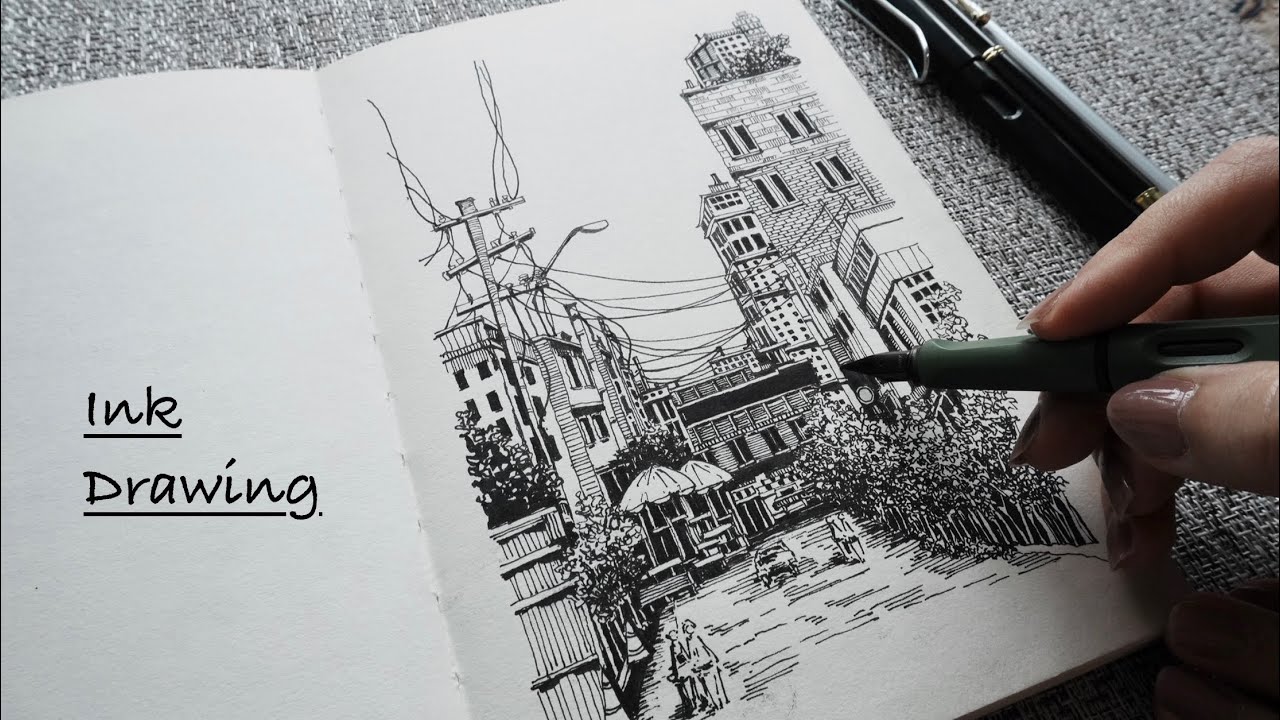Ink drawing in sketchbook |urban sketching with fountain pen - YouTube