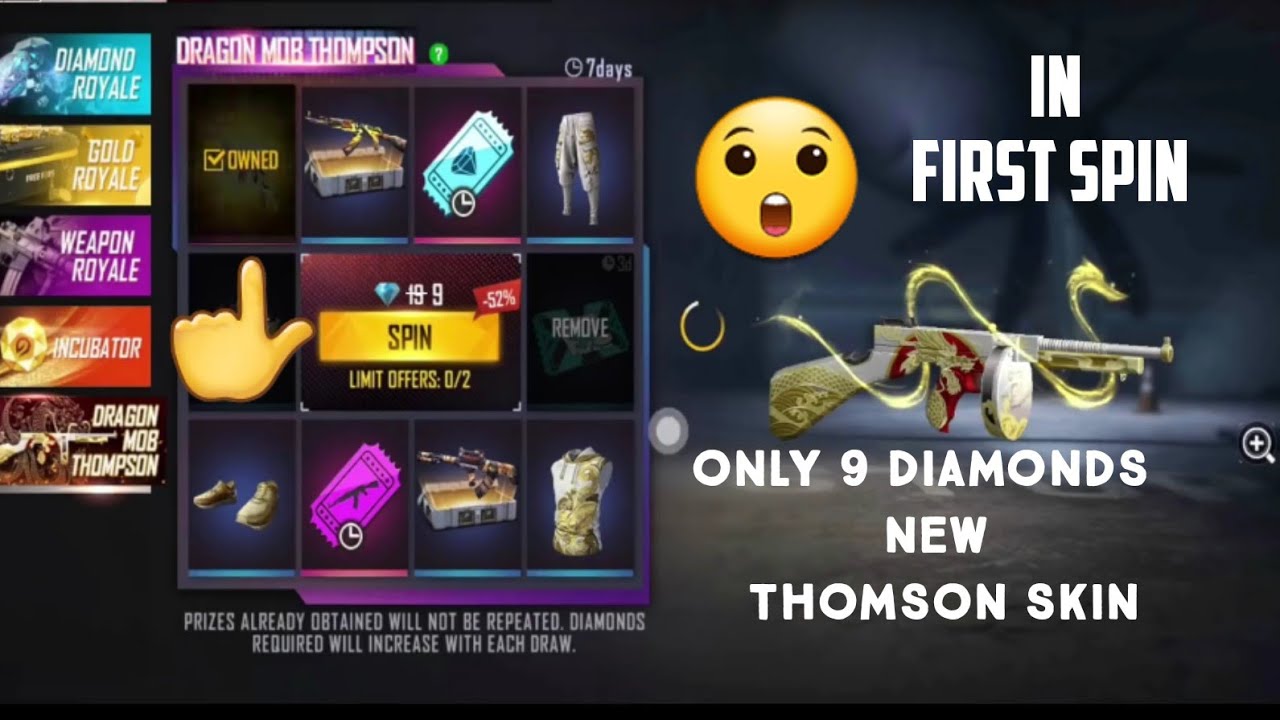 FREE FIRE NEW THOMSON DRAGON MOB skin in first spin😲.. Best thomson ...