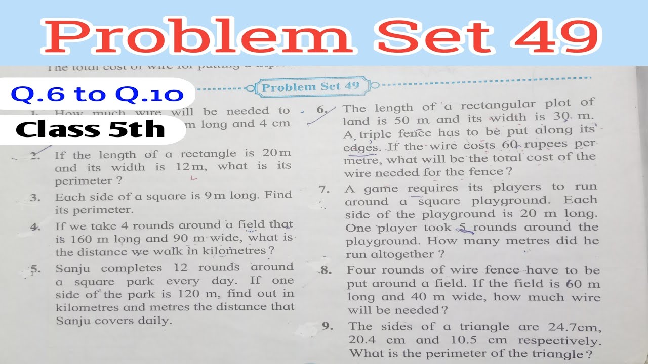 problem set 49 | Part 2- Q.6 to Q.10 | Class 5th maths || Chp no.12 perimeter and area - YouTube