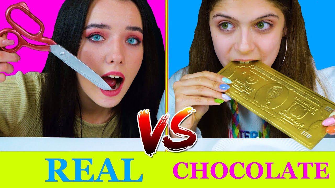 REAL FOOD VS CHOCOLATE FOOD CHALLENGE NEW EATING SOUNDS - YouTube