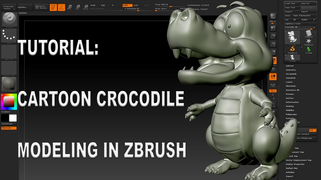 EASY ZBRUSH - MODELING CARTOON CROCODILE/BABY DRAGON IN ZBRUSH 4r7 ...