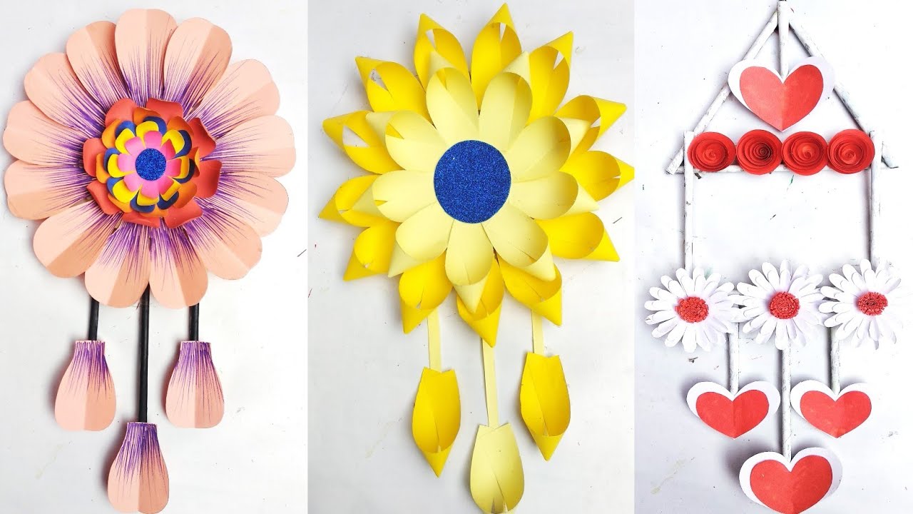 3 Beautiful Paper Flowers Wallhanging Design |Paper Craft Idea |Room ...