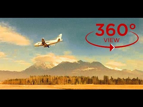 360 VR VIDEO TRAVEL - spectacular airplane landing at beautiful sunset ...