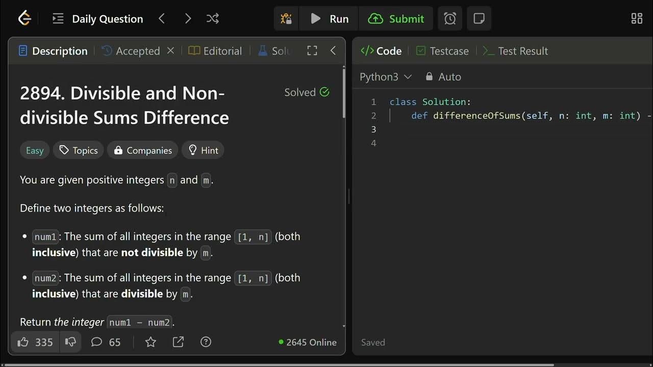 Divisible and Non-divisible Sums Difference - LeetCode 2894 - YouTube