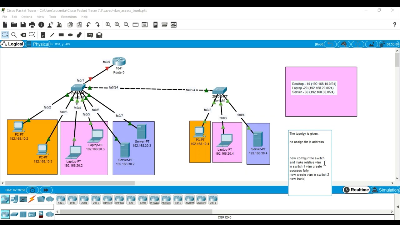 VLAN:PART-3(Switch configuration with access and trunk) - YouTube