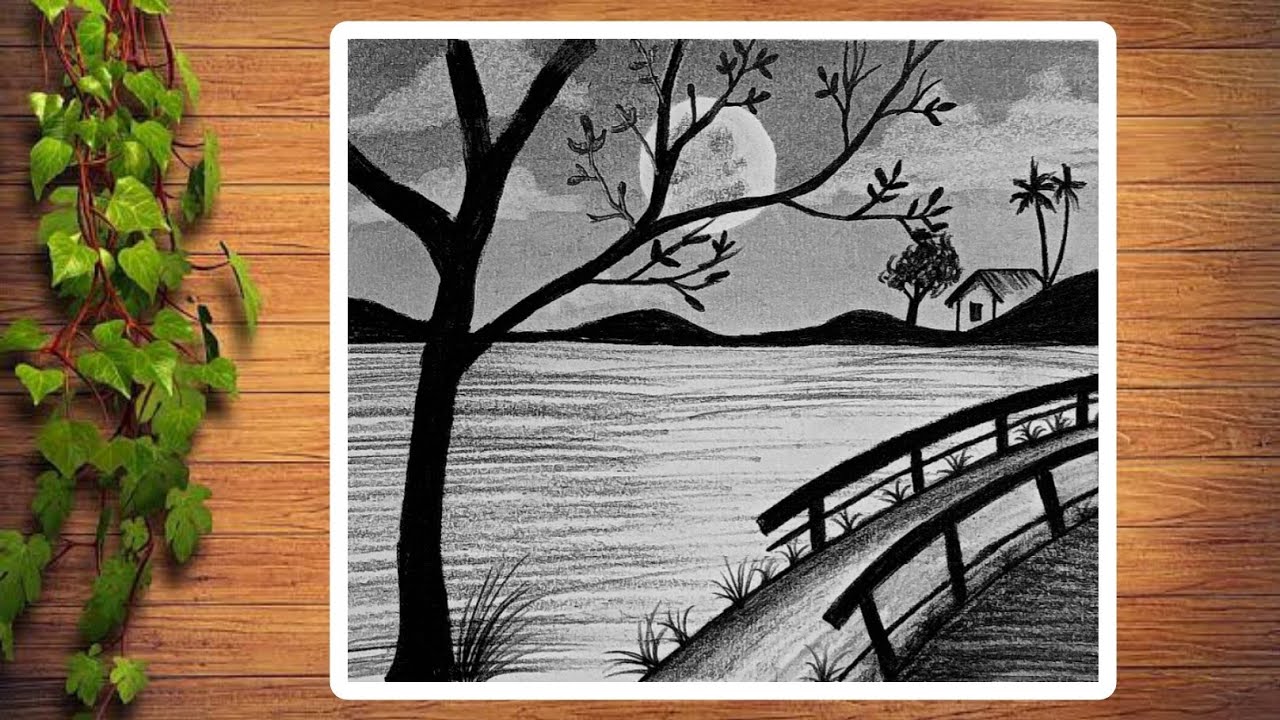 how to draw easy pencil sketch scenery,landscape pahar and river side ...