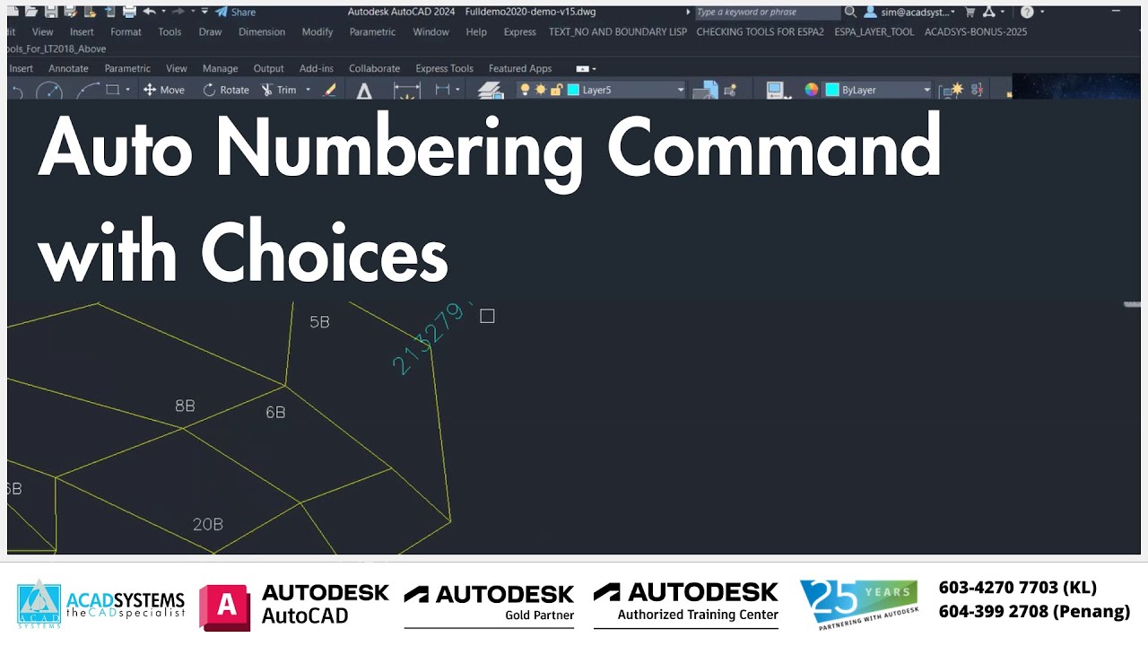 Auto Numbering command with choices for Text, Area, Perimeter, Linear ...