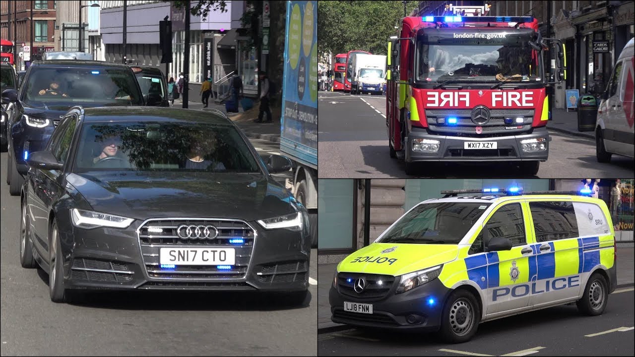 Fire Engines, Police Cars and Ambulances responding with siren and ...