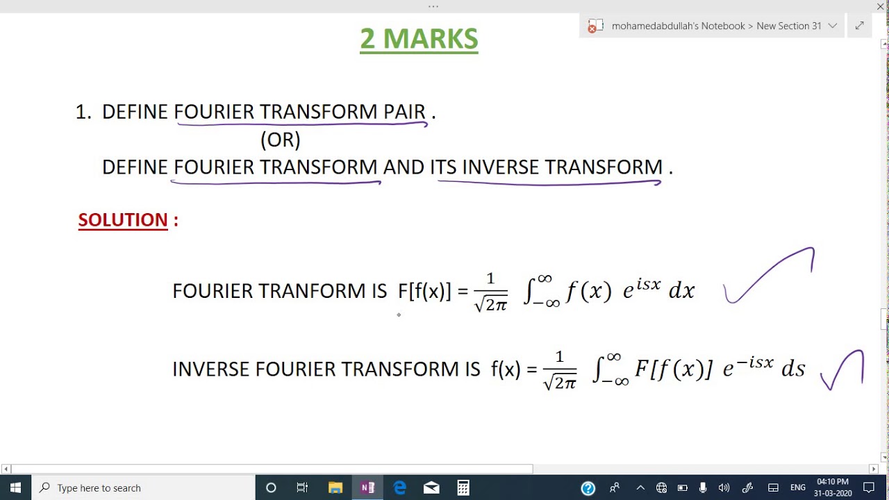 FOURIER TRANSFORM QN.NO 1 (2 MARKS) - YouTube