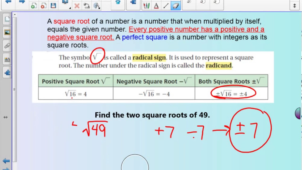 8th 7.1 Lesson - Finding Square Roots (Perfect Squares Whole #s) - YouTube