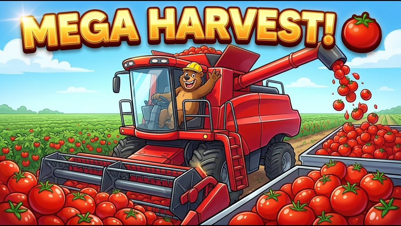 Farmer Bear Operating a Combine Harvester in the Tomato Field | Farm ...