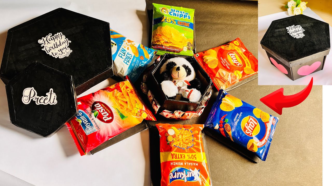 Hexagon Snacks Explosion Box with cute gift || Surprise Box || Hamper ...