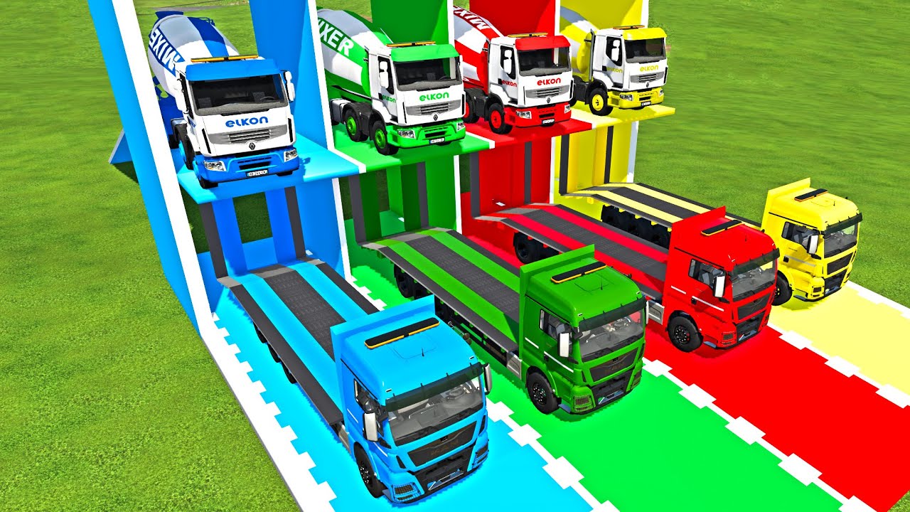 TRANSPORTING MERCEDES BENZ ATEGO FIRE TRUCK, EXCAVATOR & CEMENT MIXER ...