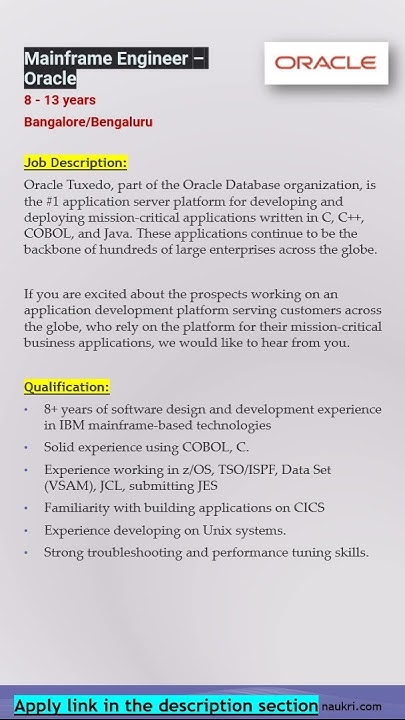 Oracle | Mainframe Engineer | Bangalore | COBOL, C, Full Stack, IBM ...
