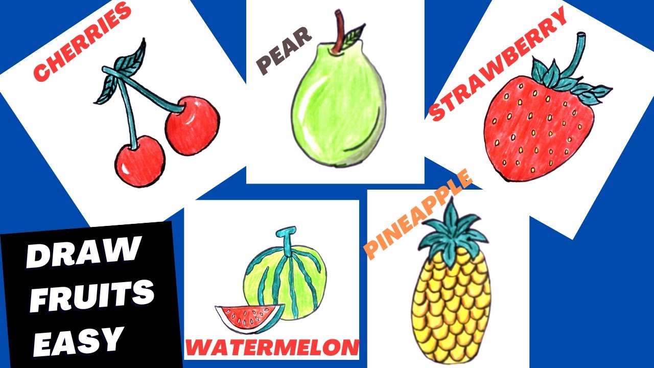 How to Draw Fruits, Strawberry, Cherry, Pear, Watermelon, Pineapple ...
