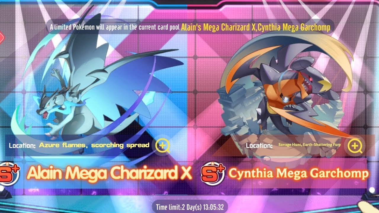Cynthia Mega Garchomp vs Alian Mega Charizard X! 7★ Red Draw & Upgrade ...