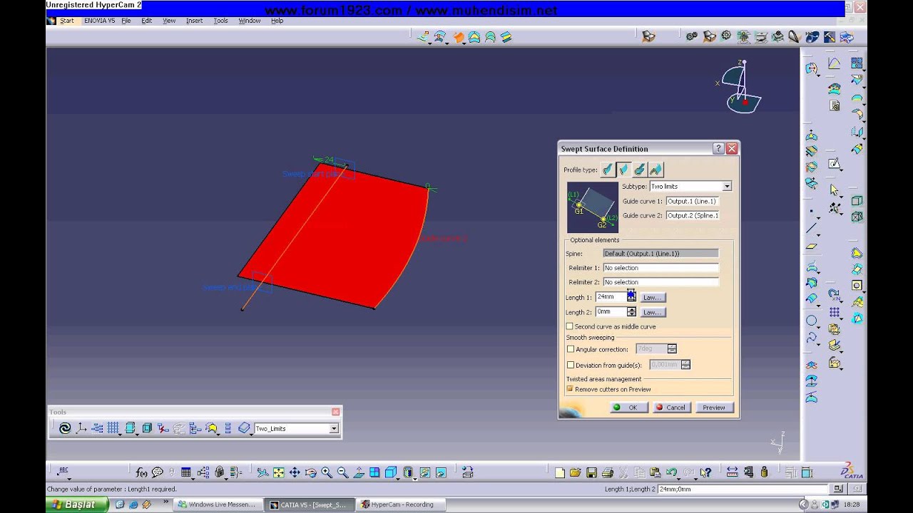 Sweep surface line two limits - YouTube